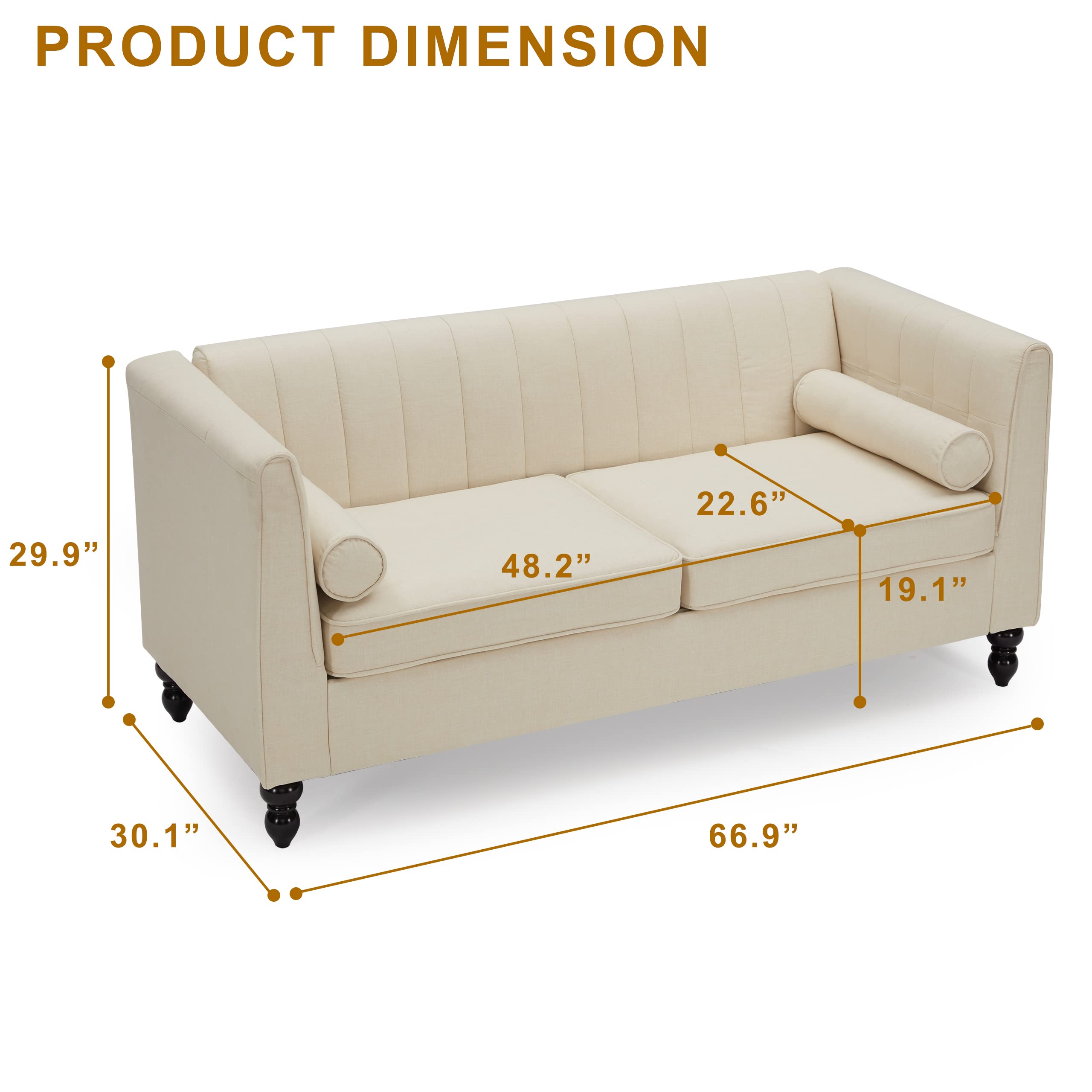 Kingfun 67" Modern Sofa for Living Room, Comfy Loveseat Linen Fabric with 2 Bolster Pillows, Mid Century Modern Couch Small Love Seat for Bedroom with Solid Wooden Frame and Padded Cushion, Beige