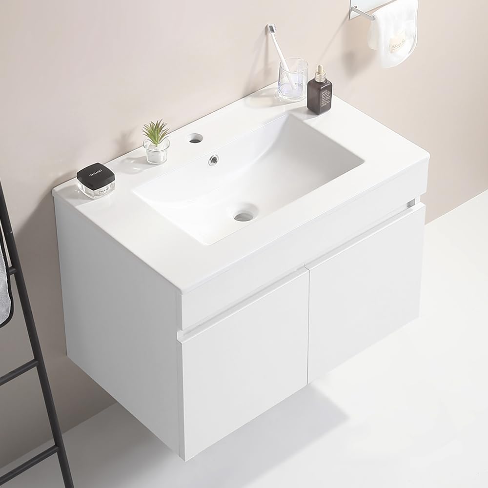 Xuanlur 36" Bathroom Vanity,Wall Mounted Bathroom Vanity with White Ceramic Basin,Two Soft Close Cabinet Doors, Solid Wood,Excluding faucets,White