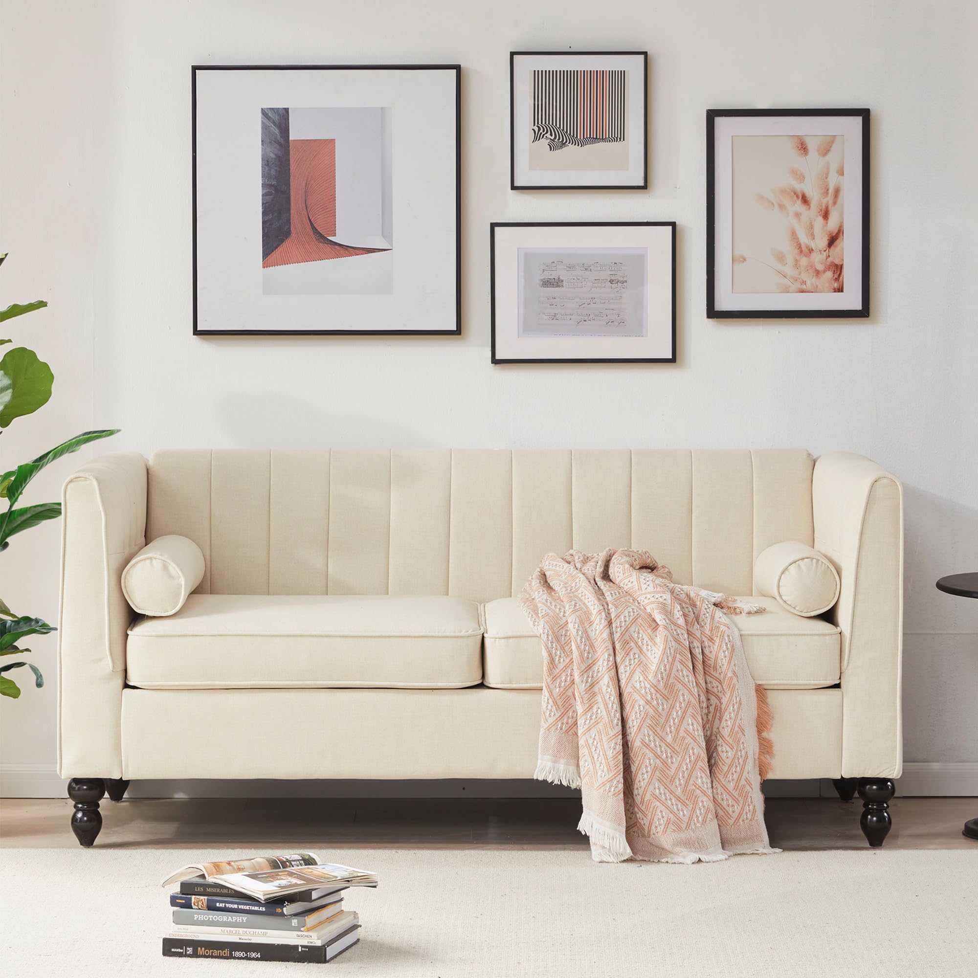 Kingfun 67" Modern Sofa for Living Room, Comfy Loveseat Linen Fabric with 2 Bolster Pillows, Mid Century Modern Couch Small Love Seat for Bedroom with Solid Wooden Frame and Padded Cushion, Beige