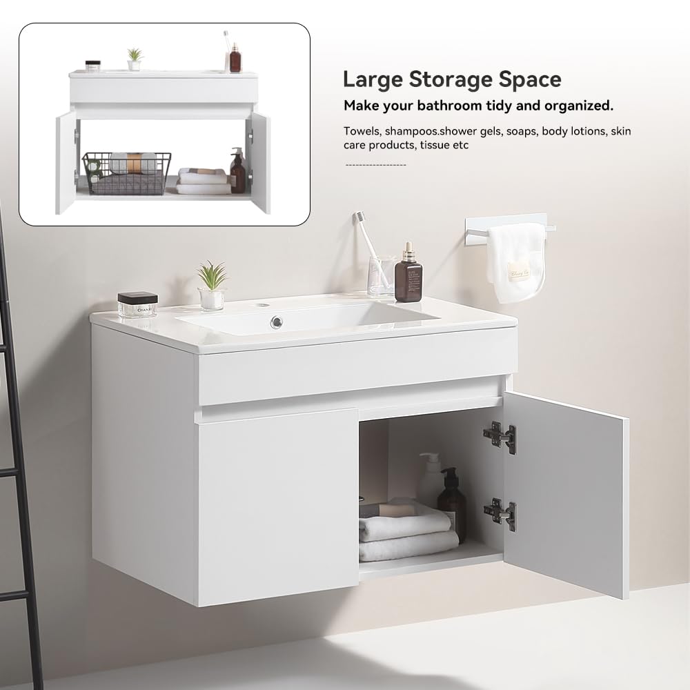 Xuanlur 36" Bathroom Vanity,Wall Mounted Bathroom Vanity with White Ceramic Basin,Two Soft Close Cabinet Doors, Solid Wood,Excluding faucets,White