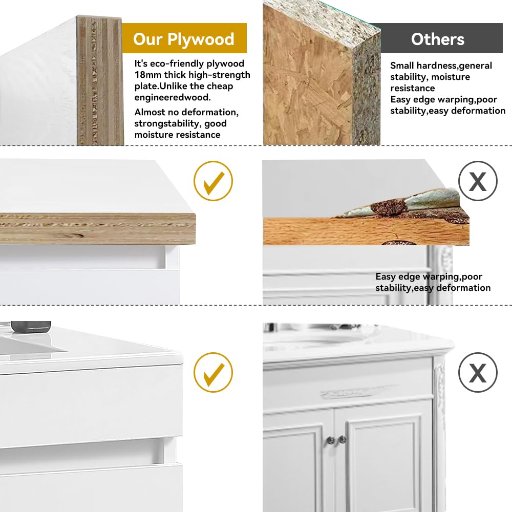 Xuanlur 36" Bathroom Vanity,Wall Mounted Bathroom Vanity with White Ceramic Basin,Two Soft Close Cabinet Doors, Solid Wood,Excluding faucets,White