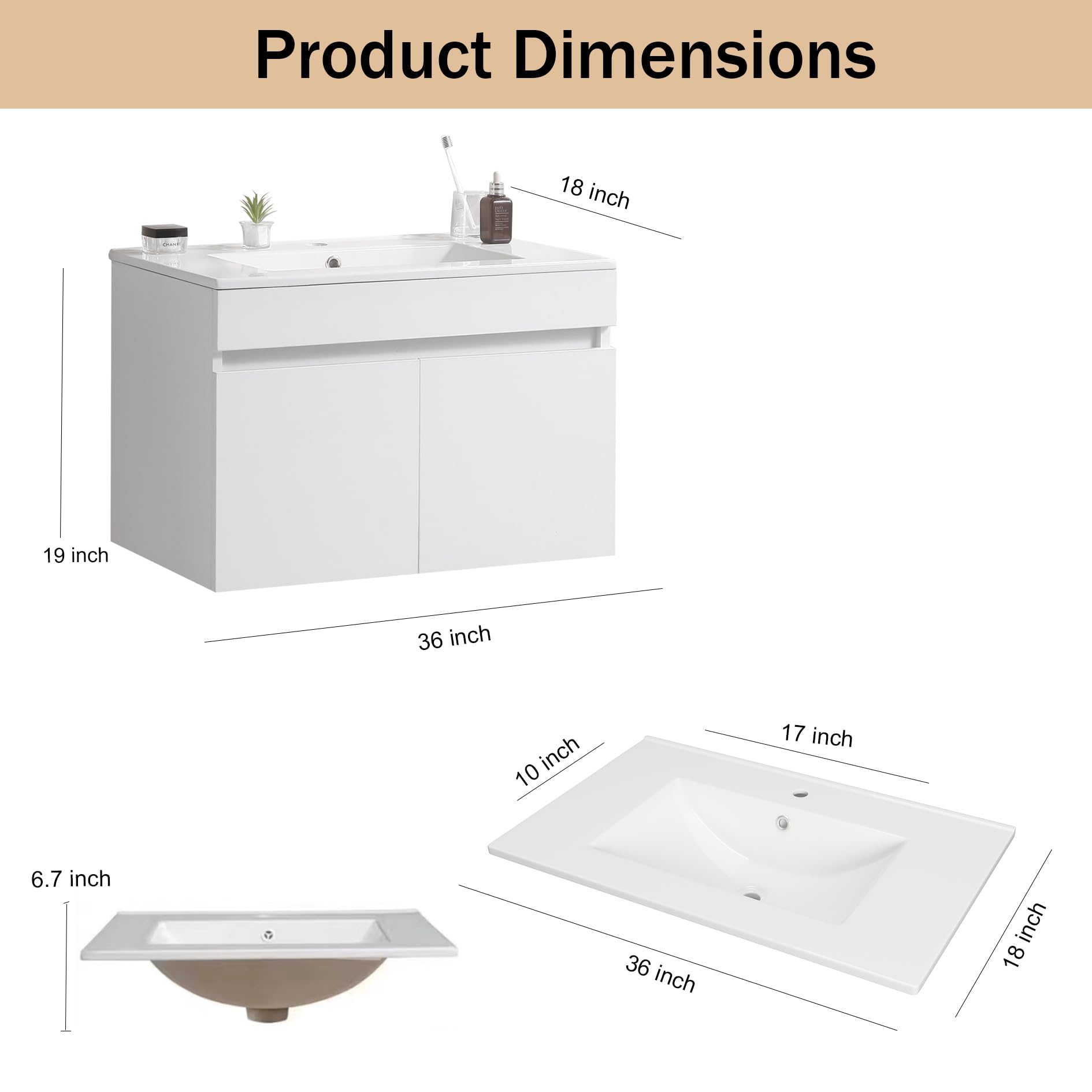 Xuanlur 36" Bathroom Vanity,Wall Mounted Bathroom Vanity with White Ceramic Basin,Two Soft Close Cabinet Doors, Solid Wood,Excluding faucets,White