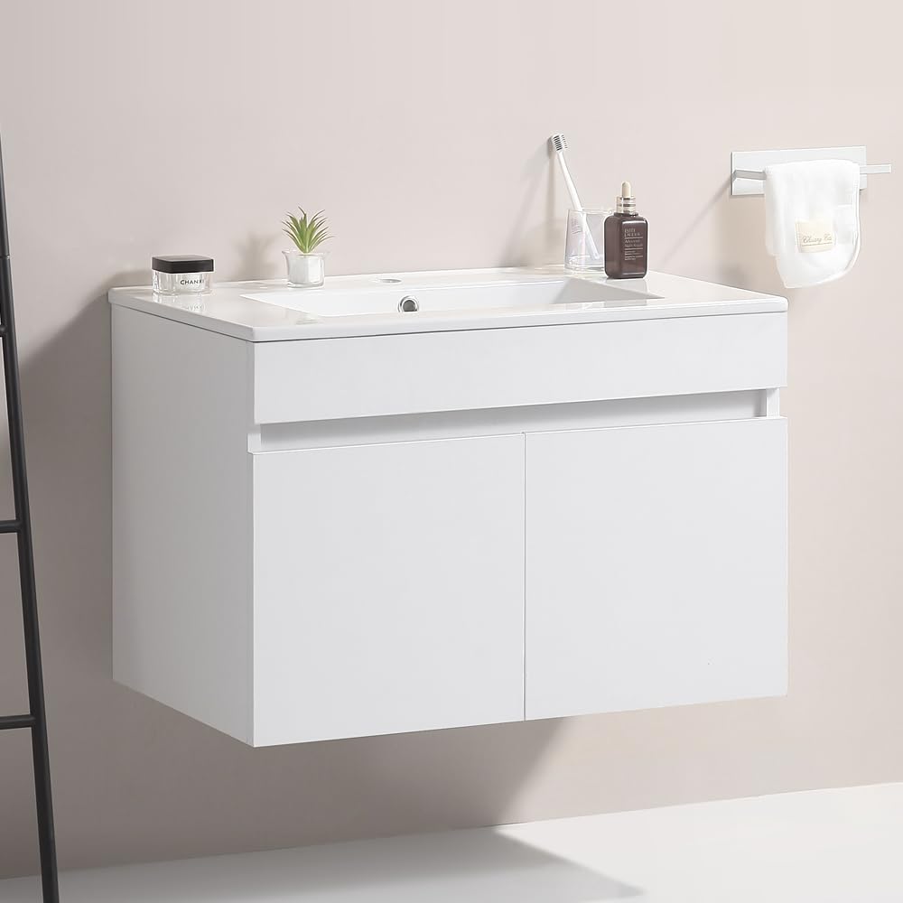 Xuanlur 36" Bathroom Vanity,Wall Mounted Bathroom Vanity with White Ceramic Basin,Two Soft Close Cabinet Doors, Solid Wood,Excluding faucets,White