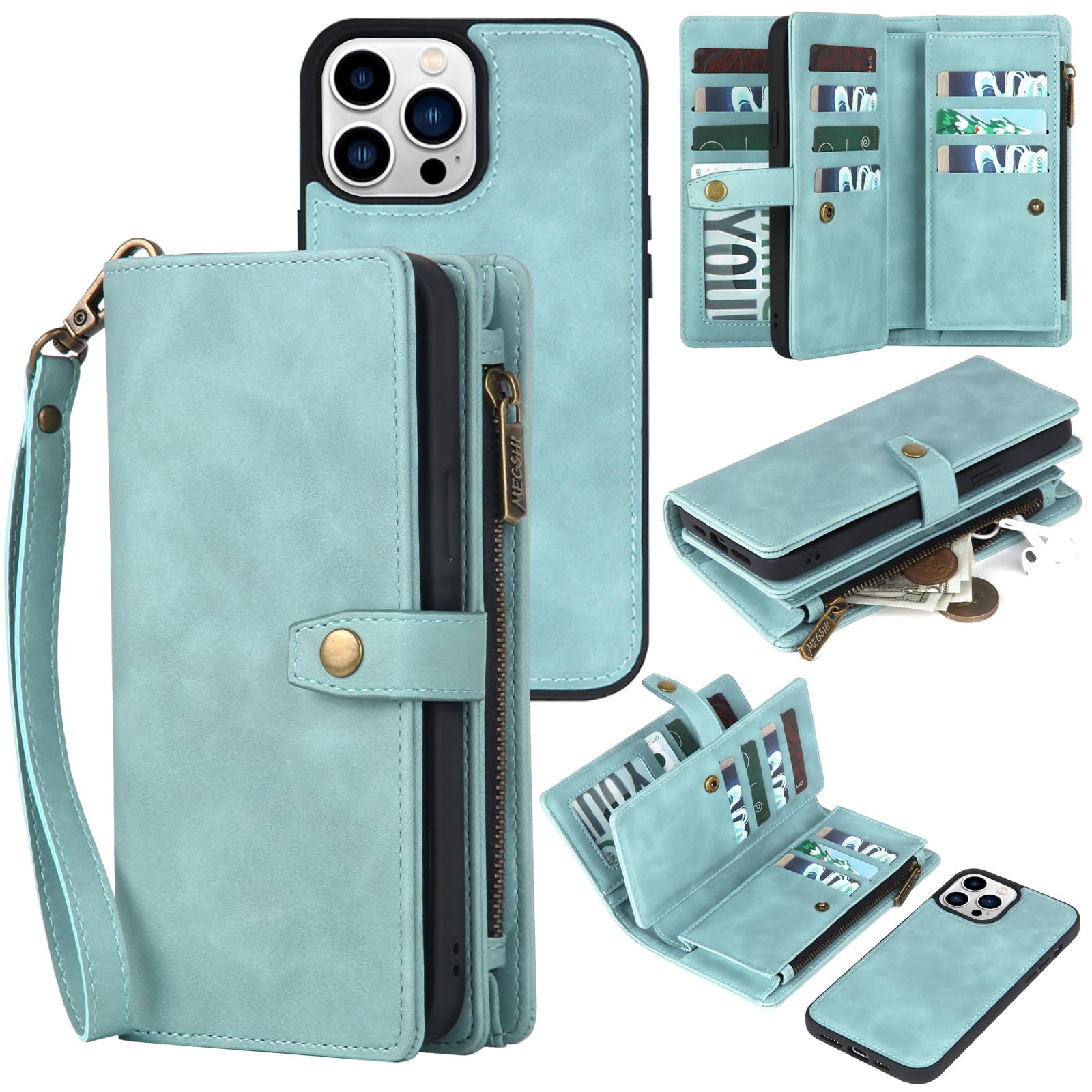 TwoHead Wallet Case Compatible with iPhone 15 Pro Max,Detachable Magnetic Phone Case,All-Round Shockproof Protective Leather Phone Case with Card Holder,6.7 in,Blue