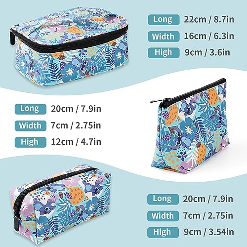 MRSP 3 sets makeup bag+Double Sided Cosmetic Mirror travel small cosmetic case portable with multifunctional waterproof Organizer bag for women Stitch Stuff Gift (Stitch)