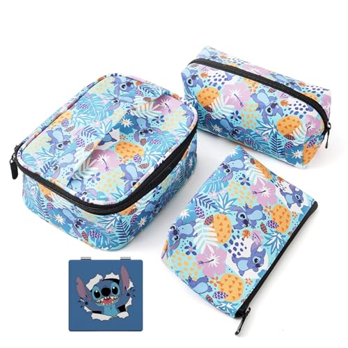 MRSP 3 sets makeup bag+Double Sided Cosmetic Mirror travel small cosmetic case portable with multifunctional waterproof Organizer bag for women Stitch Stuff Gift (Stitch)