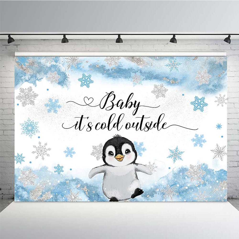 MEHOFOND 7x5ft Penguin Winter Baby Shower Backdrop for Boys Baby It's Cold Outside Blue Watercolor Background Artic Animals Little Snowflake Newborn Party Banner Decorations Photo Booth Props