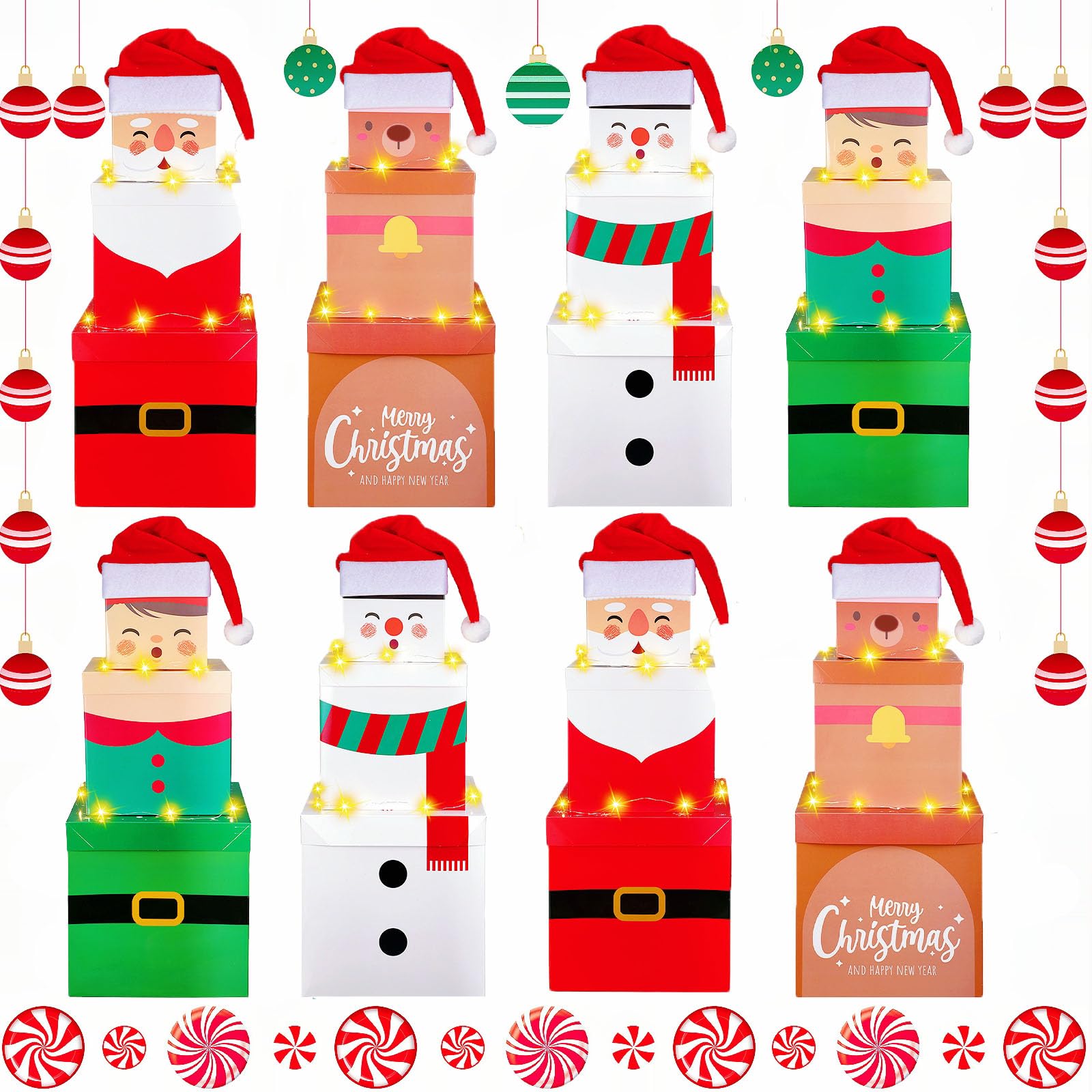 Fulmoon 24 Pieces Christmas Stacking Boxes Christmas Nesting Gift Boxes Christmas Stackable Boxes with Lids 8 Designs Snowman Decorative Present Boxes for Christmas Party Decor(Novelty Style)