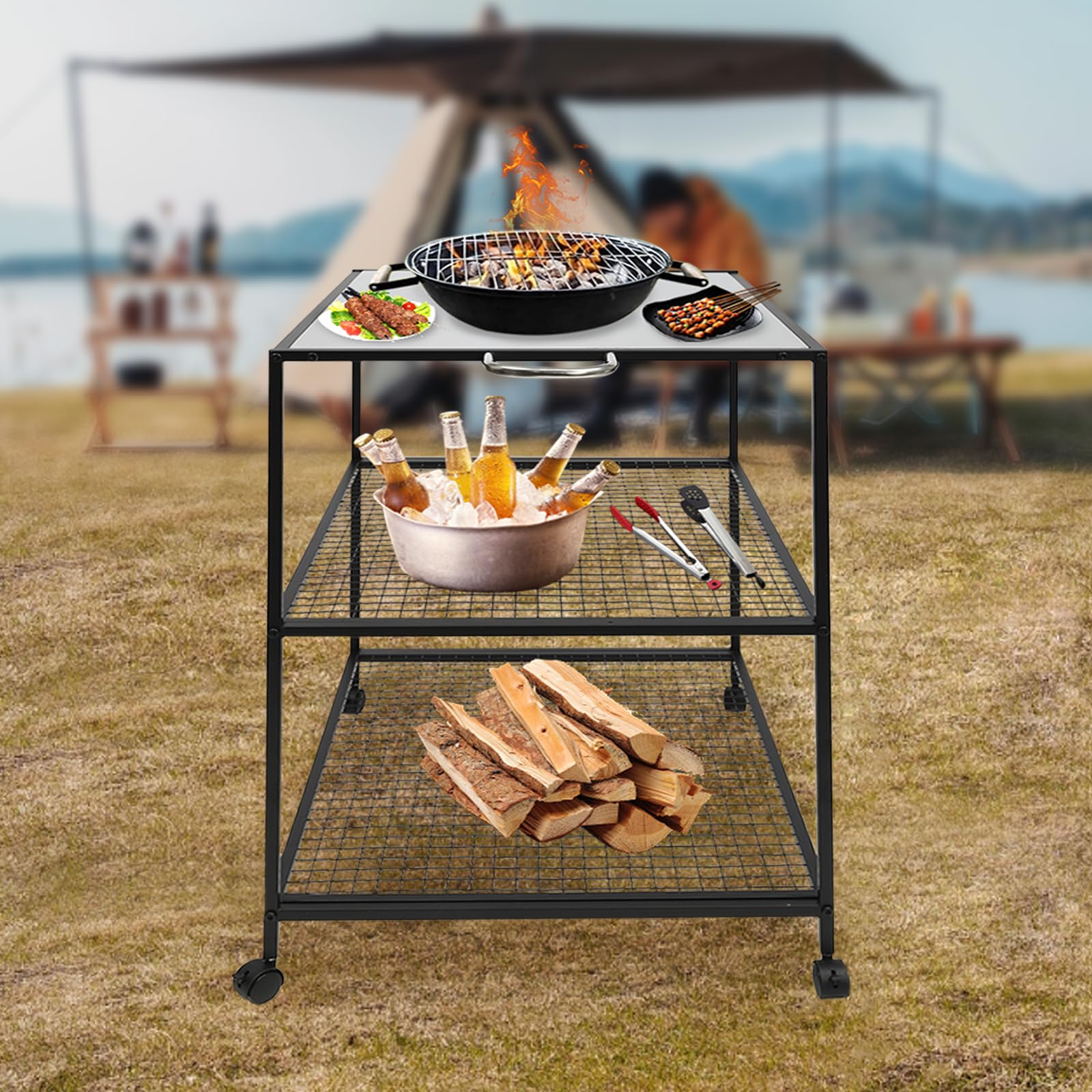 LUGBING 3-Tier Mobile Outdoor Grill Cart with Push-Pull Handle, Stainless Steel Work Cart Table, Black