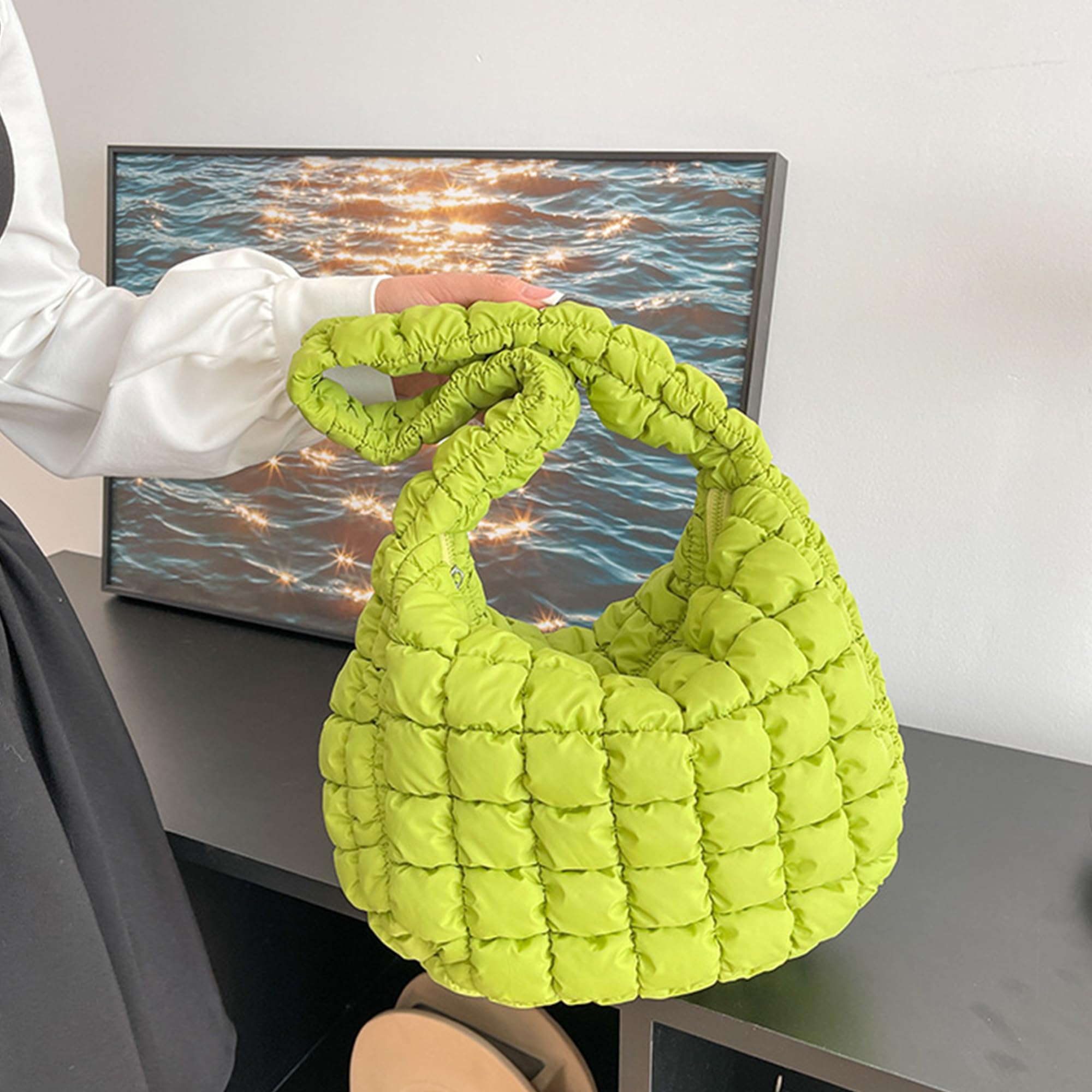 JBB Puffer Hobo Bag for Women Small Quilted Tote Handbag Padding Lightweight Puffy Shoulder Crossbody Satchel Green