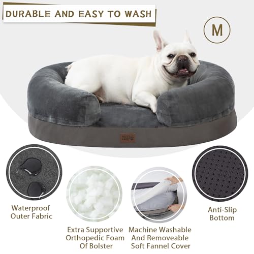 pettycare Orthopedic Dog Bed for Medium Dogs with Memory Foam, Waterproof Pet Bed Soft Sofa with Washable Removable Cover Anti-Slip Bottom, Extra Head and Neck Support Sleeper, 30β Dark Grey
