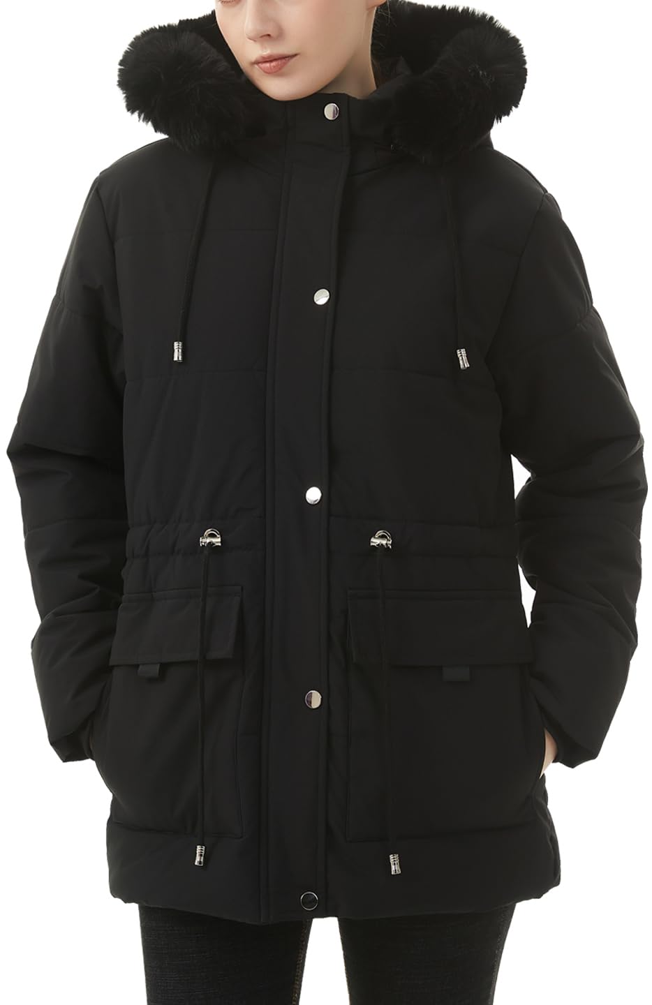 MOERDENG Women's Warm Winter Puffer Coat Thicken Fleece Lined Down Jacket Faux Fur Detachable Hood Snow Parka