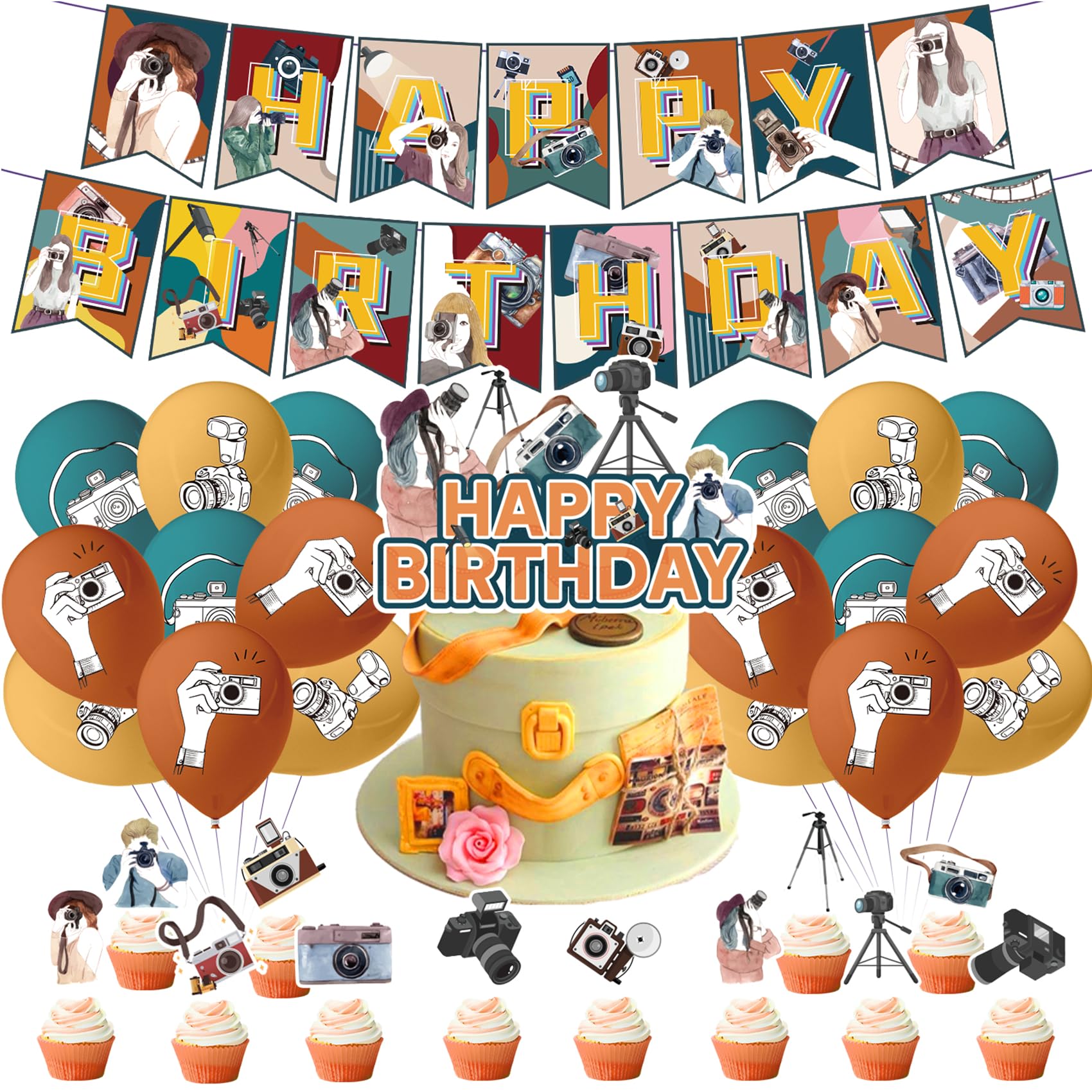 YXCMDCG Photography Party Decorations: Birthday Party Supplies with Banner, Balloons, Cupcake Toppers, Cake Topper, Ribbon in Multicolor Photography Theme