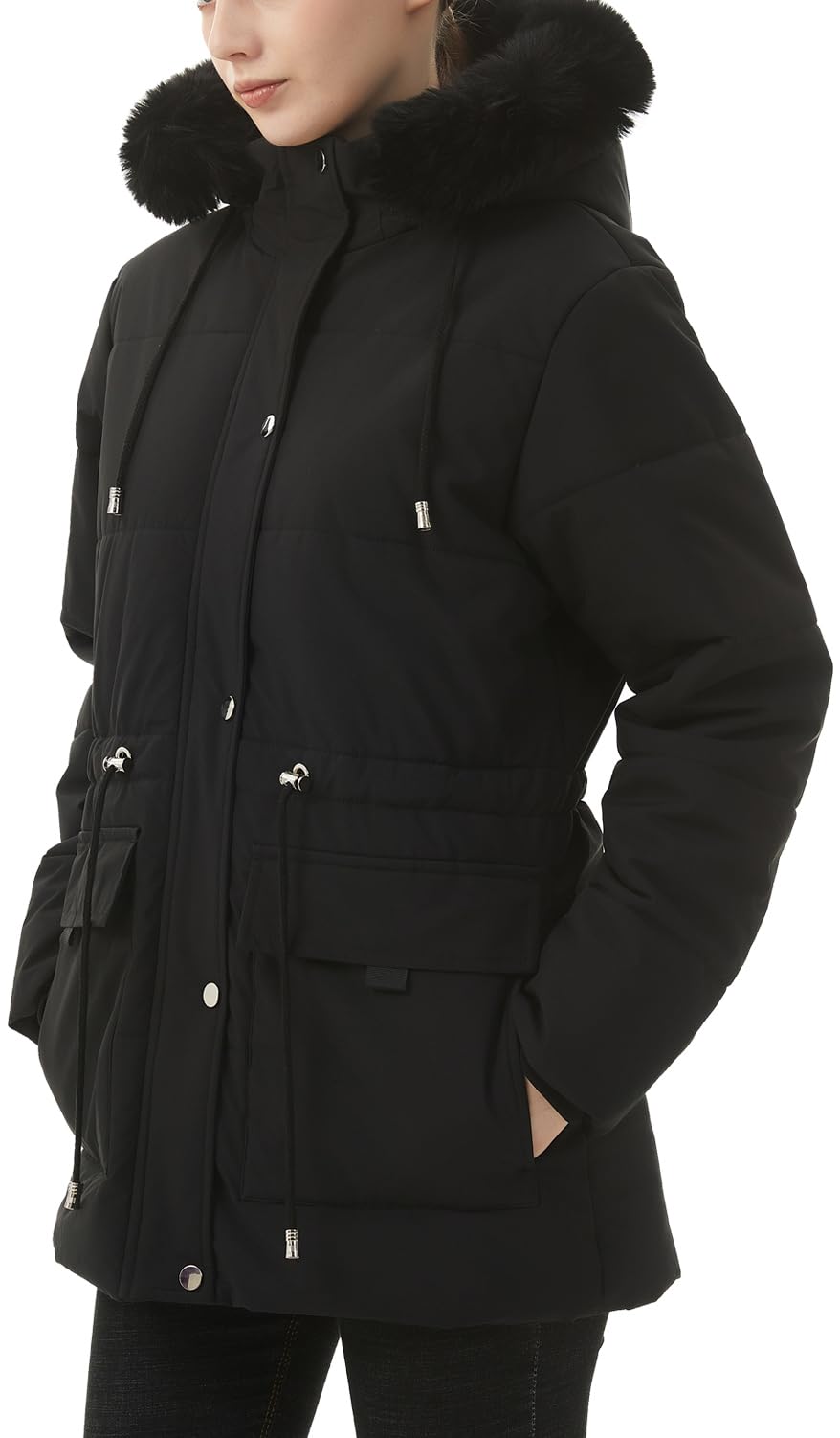 MOERDENG Women's Warm Winter Puffer Coat Thicken Fleece Lined Down Jacket Faux Fur Detachable Hood Snow Parka