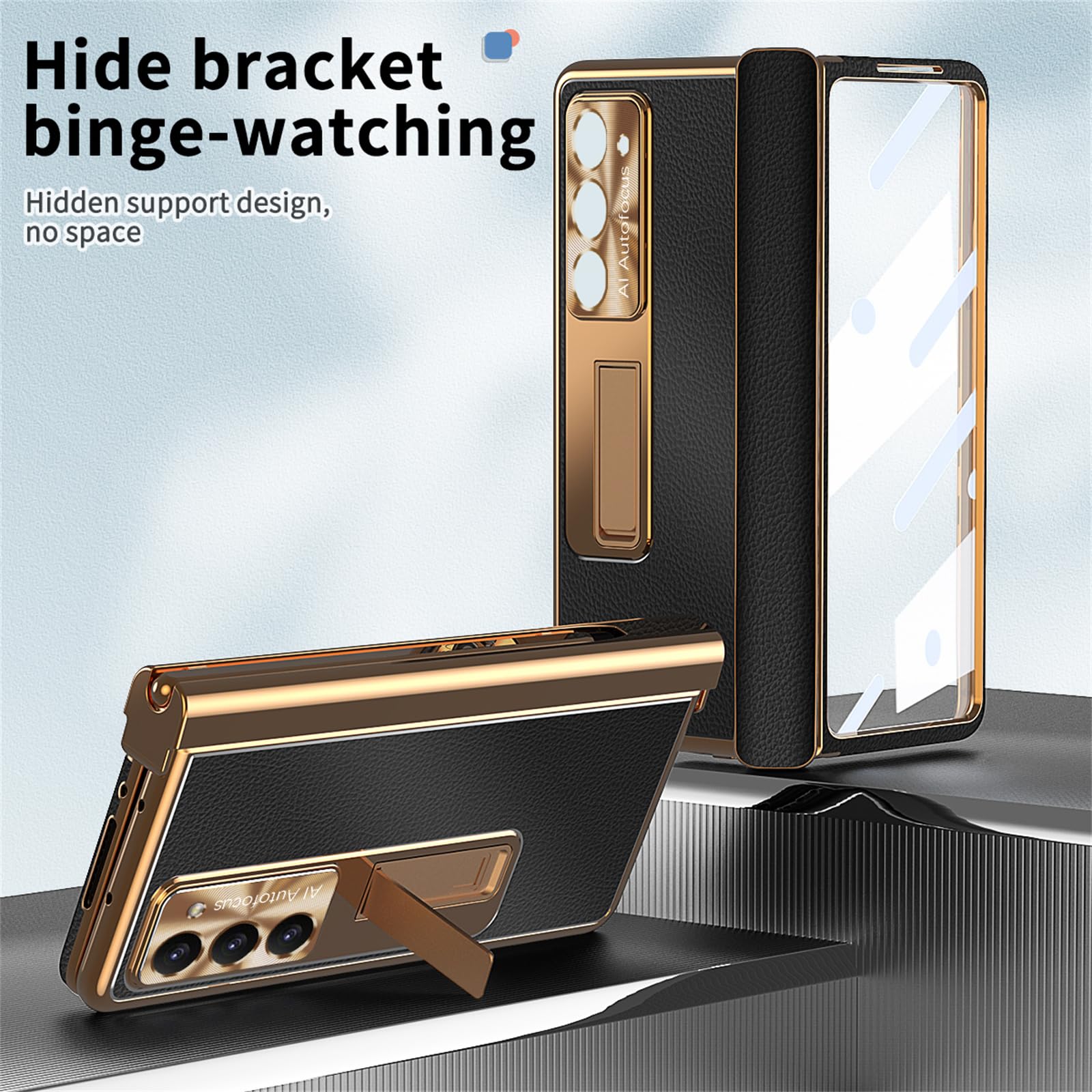 Upgraded Case for Samsung Galaxy Z Fold 5 2023, Magnetic Hinge Protection Built-in S Pen Holder & Built-in Screen Protetctor & Stylus Luxury Electroplated Leather Case,Black 2