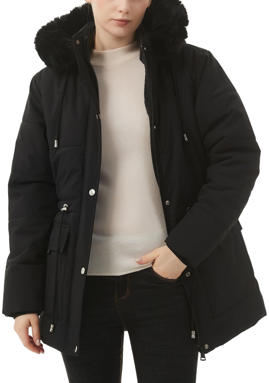 MOERDENG Women's Warm Winter Puffer Coat Thicken Fleece Lined Down Jacket Faux Fur Detachable Hood Snow Parka