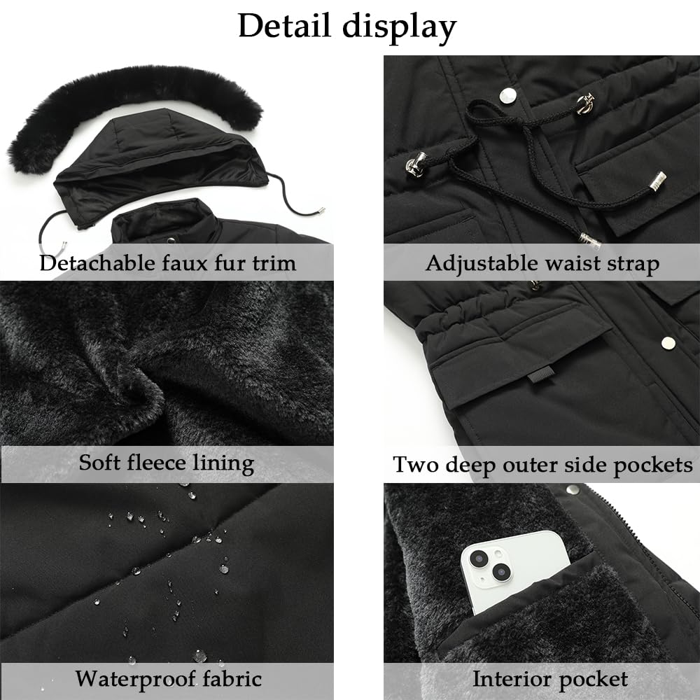 MOERDENG Women's Warm Winter Puffer Coat Thicken Fleece Lined Down Jacket Faux Fur Detachable Hood Snow Parka