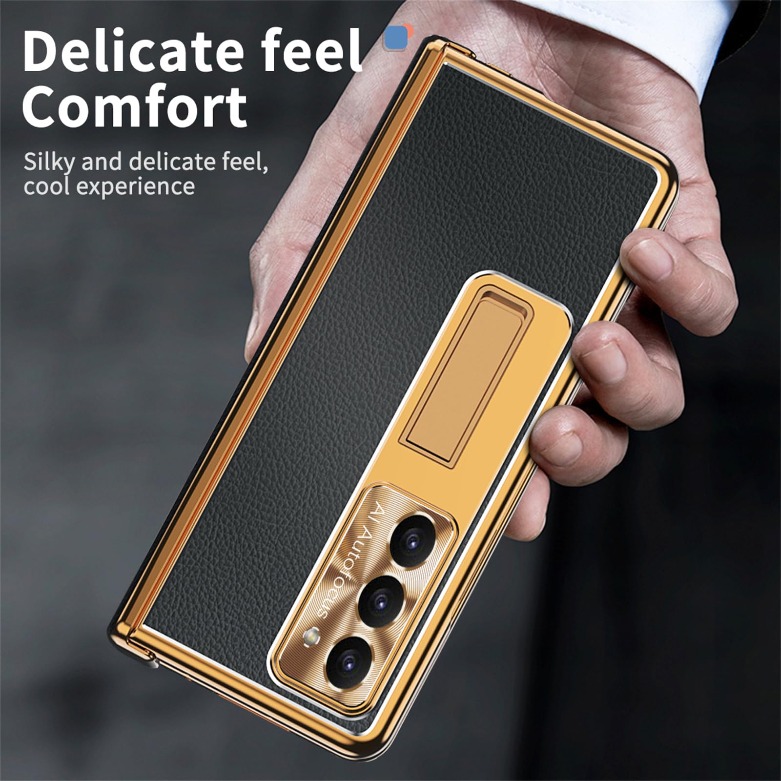 Upgraded Case for Samsung Galaxy Z Fold 5 2023, Magnetic Hinge Protection Built-in S Pen Holder & Built-in Screen Protetctor & Stylus Luxury Electroplated Leather Case,Black 2