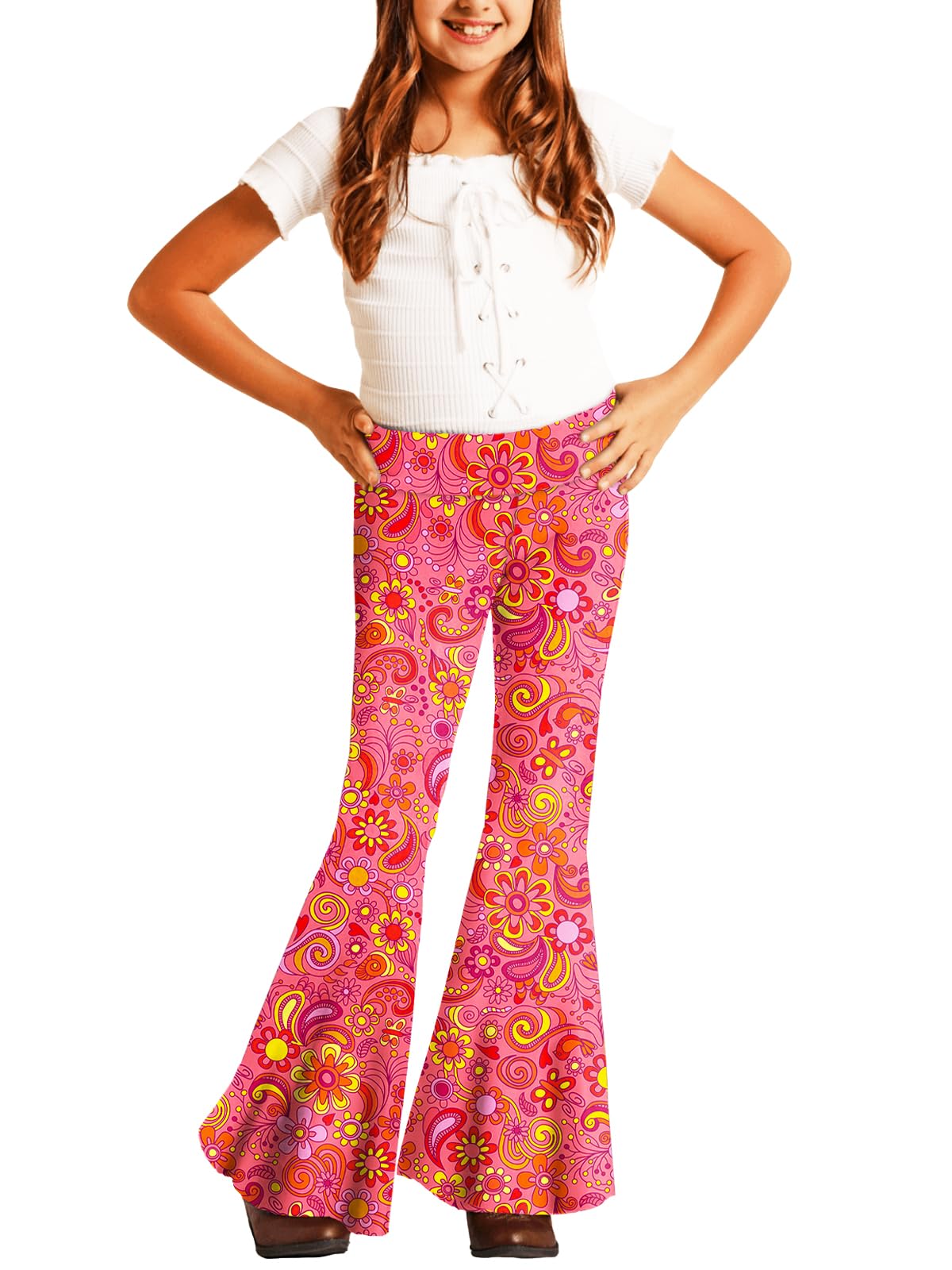 Deerose Hippie Flared Pants for Girls 70s 80s Costume Cute Pink Bell Bottom Floral Print Bootcut 3-4 Years