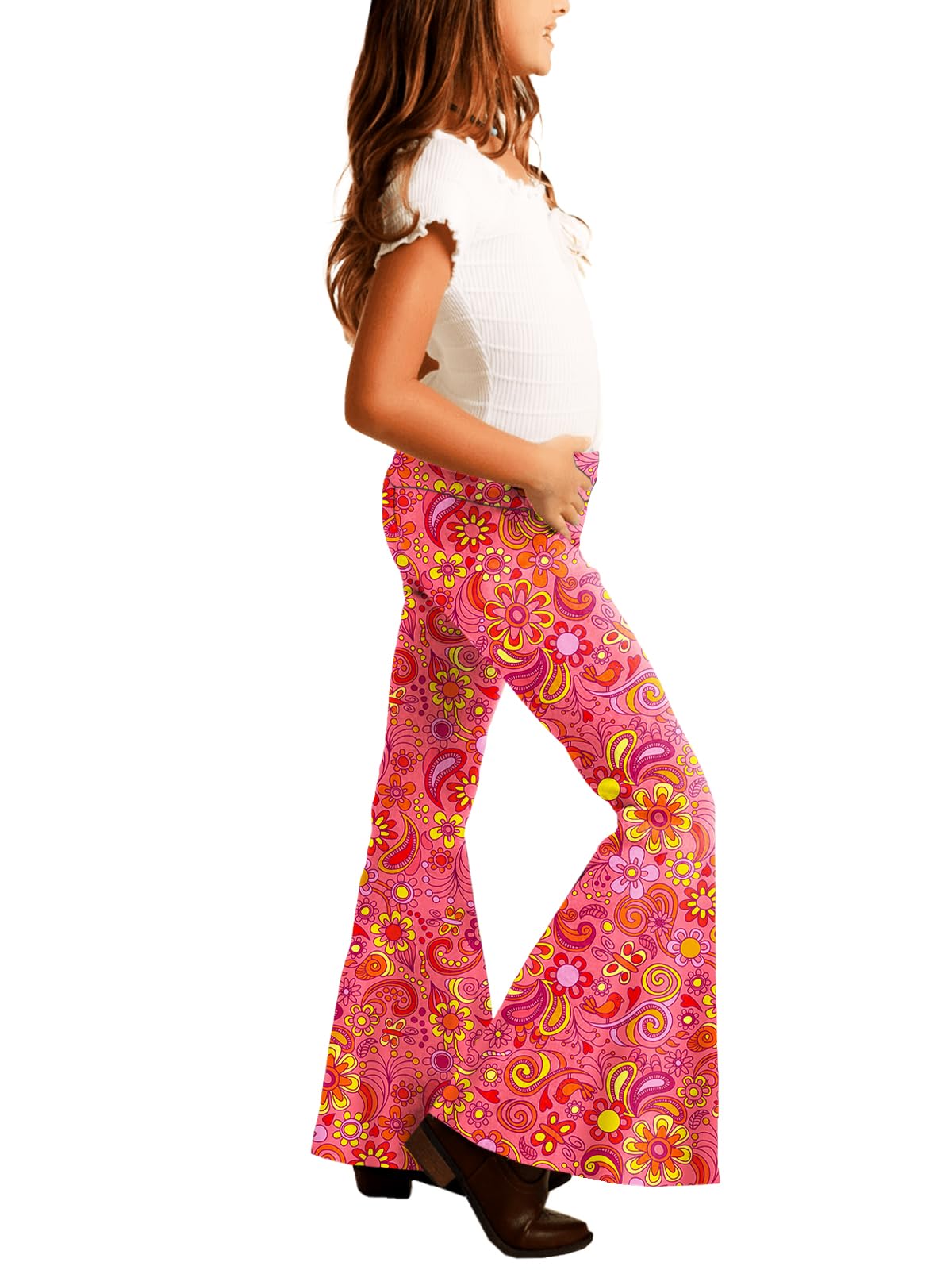 Deerose Hippie Flared Pants for Girls 70s 80s Costume Cute Pink Bell Bottom Floral Print Bootcut 3-4 Years