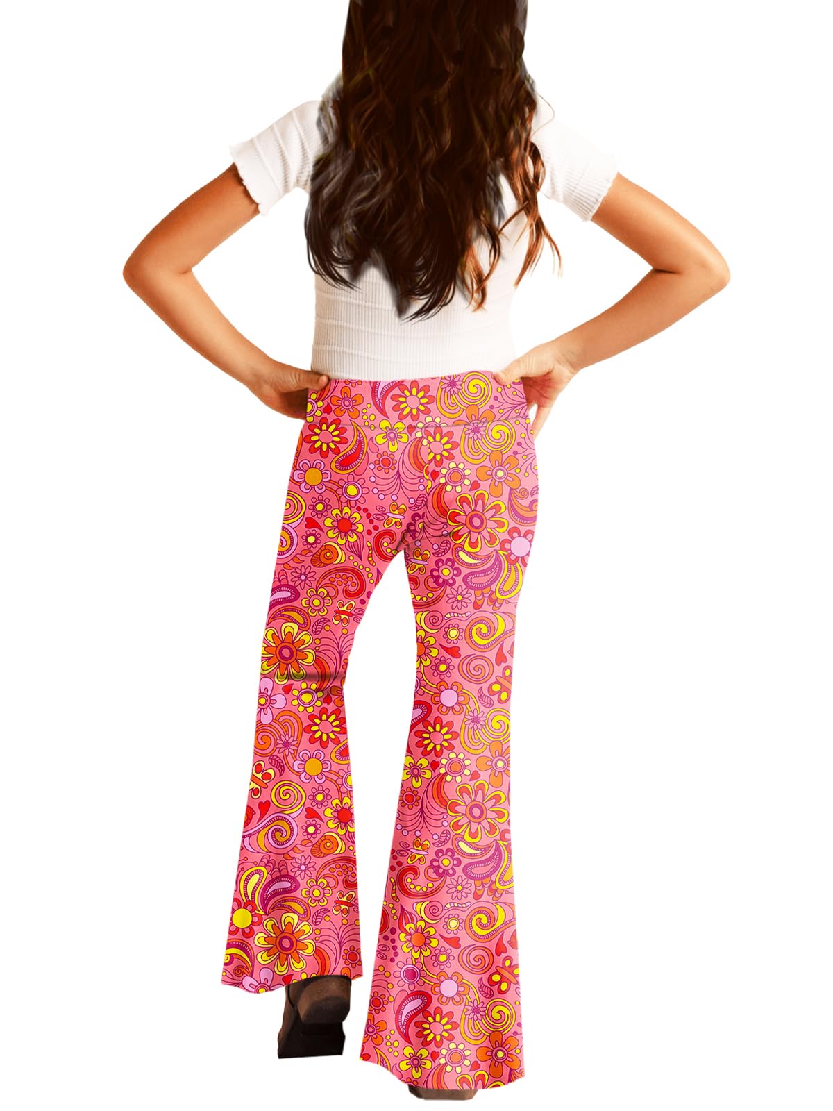Deerose Hippie Flared Pants for Girls 70s 80s Costume Cute Pink Bell Bottom Floral Print Bootcut 3-4 Years