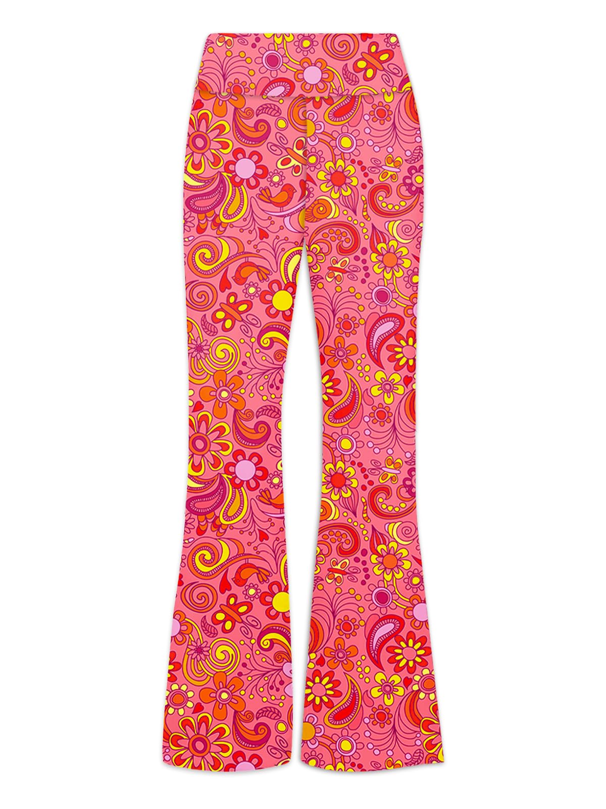 Deerose Hippie Flared Pants for Girls 70s 80s Costume Cute Pink Bell Bottom Floral Print Bootcut 3-4 Years