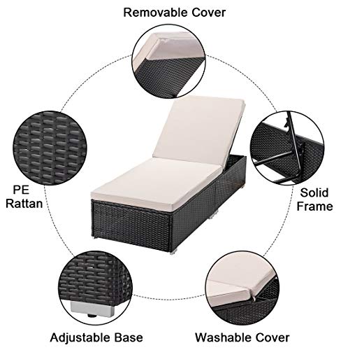 3 Pieces Outdoor Patio PE Wicker Chaise Lounge Set, Rattan Furniture Set with Matching Table, Adjustable Reclining Lounge Chairs with Cushions