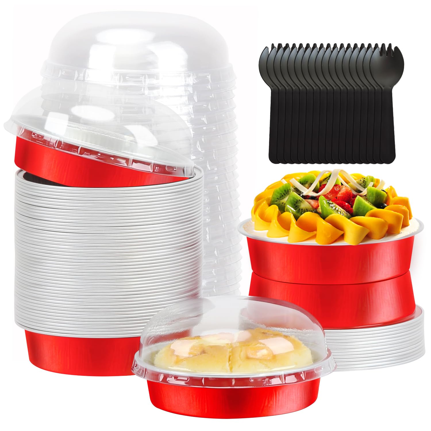 LNYZQUS 8oz Mini Cake Pans 4” Pie Tins with Lids 50 Pack, Disposable Aluminum Foil Baking Pans Dishes,Small Creme Brulee Tart Ramekins Individual Mini Pie Contaniers for Christmas-Red
