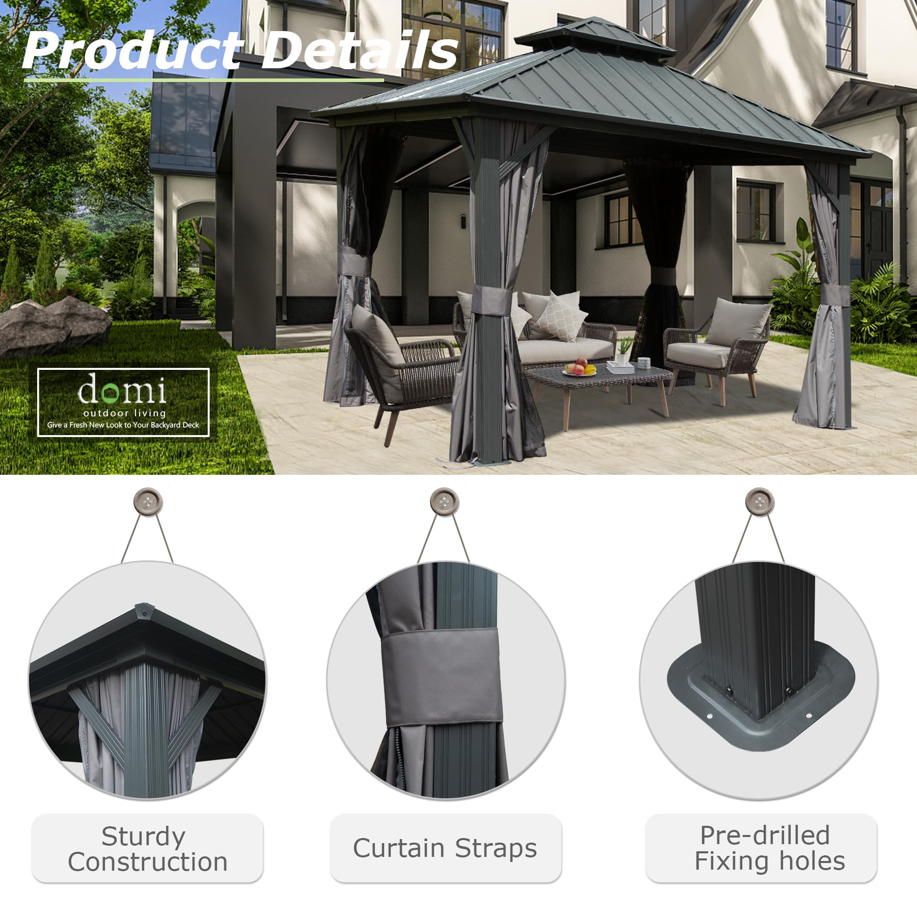 Domi 10' x 10' Hardtop Gazebo Outdoor Metal Gazebo with Galvanized Steel Double Roof Canopy, Curtains and Netting for Patio, Backyard, Deck, Lawn, Grey