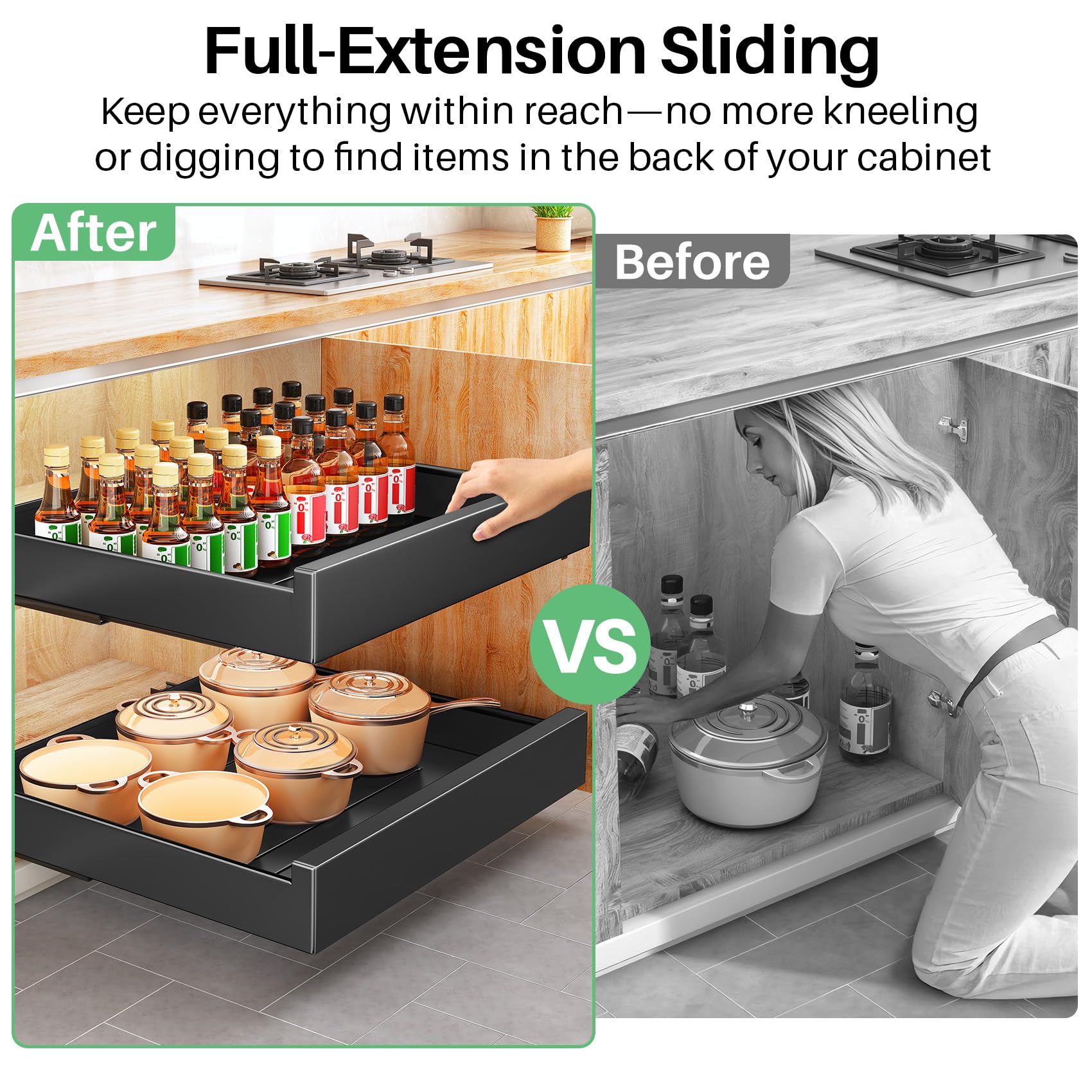 Pull out Cabinet Organizer, 21"Deep, Slide out Drawer Organizer for Kitchen Cabinets, Under Sink Organizers and Storage with Adhesive Nano Film Fixed, Sliding Organization Bins for Bathroom, Pantry