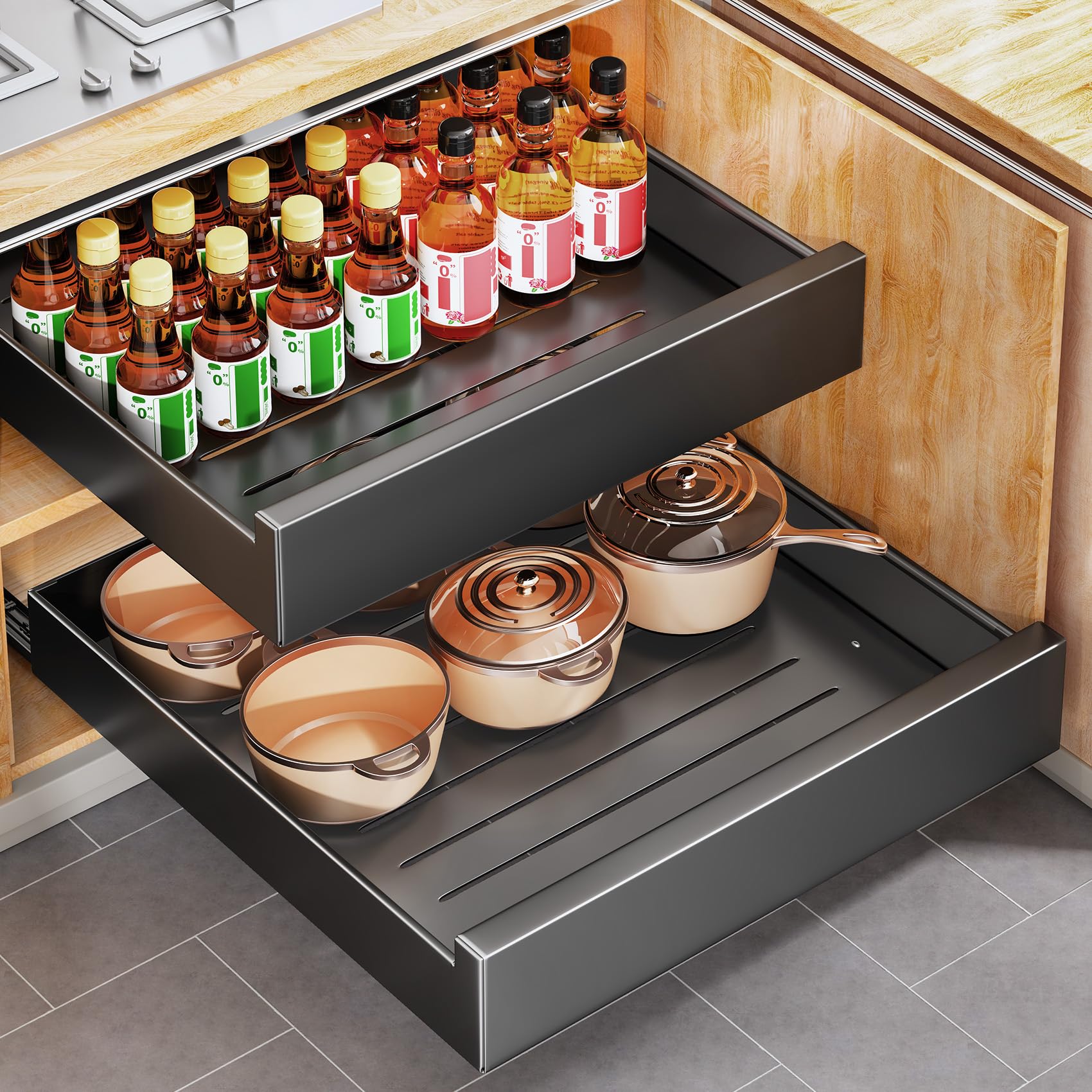 Pull out Cabinet Organizer, 21"Deep, Slide out Drawer Organizer for Kitchen Cabinets, Under Sink Organizers and Storage with Adhesive Nano Film Fixed, Sliding Organization Bins for Bathroom, Pantry