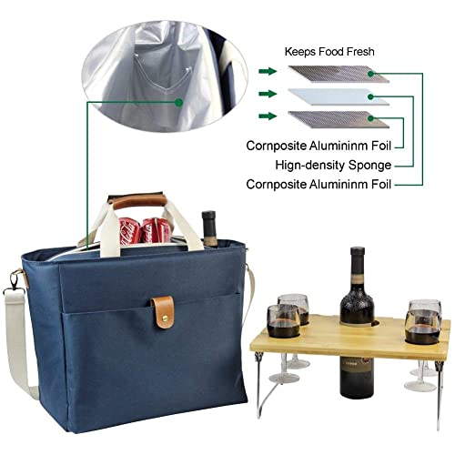 40L Cooler Bag, Large Insulated Tote Wine Carrier Bag for Picnic Lunch with Portable Bamboo Wine Snack Table - Best Gift for Father Mother Day