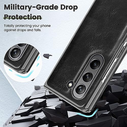 HAZARA Leather Case for Samsung Galaxy Z Fold 5, Tempered Screen Film Cover Folio Shockproof Hanging Phone Case,Blue
