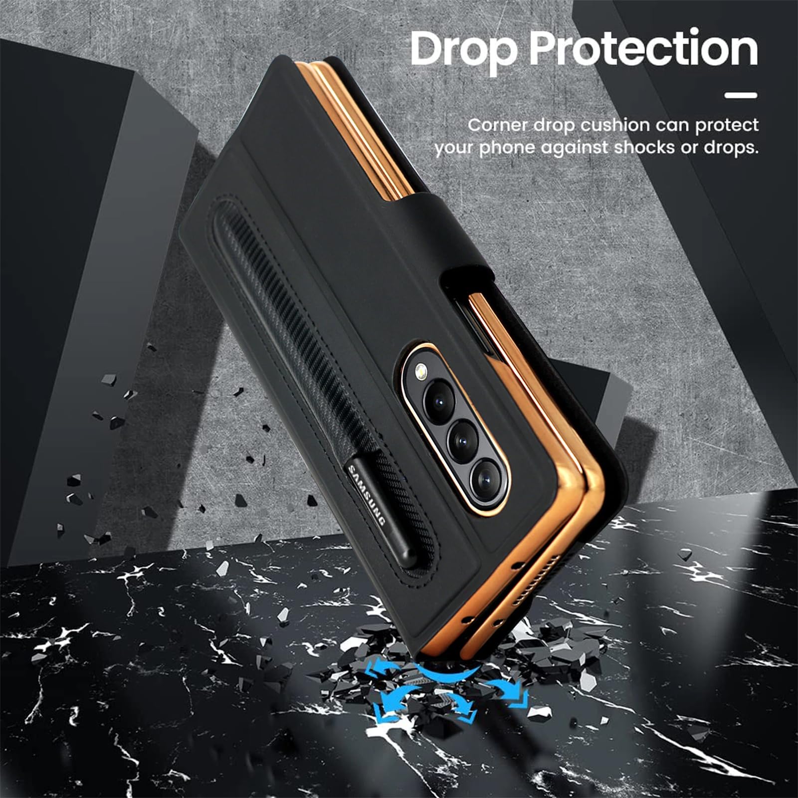Soyeacrg Designed for Samsung Galaxy Z Fold 5 2023 Case, Premium PU Leather Luxury Electroplated Gold PC Frame Folio Flip Shockproof Case with Built-in Screen Protector & S Pen Holder,Brown