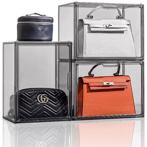 WMM Purse Storage Organizer for Closet, 3 Packs Plastic Acrylic Clear Handbag Purse Shoes Book Figure Toy Display Case, Storage Bins for Cosmetic, Stackable Magnetic Drop Front Storage Organizer
