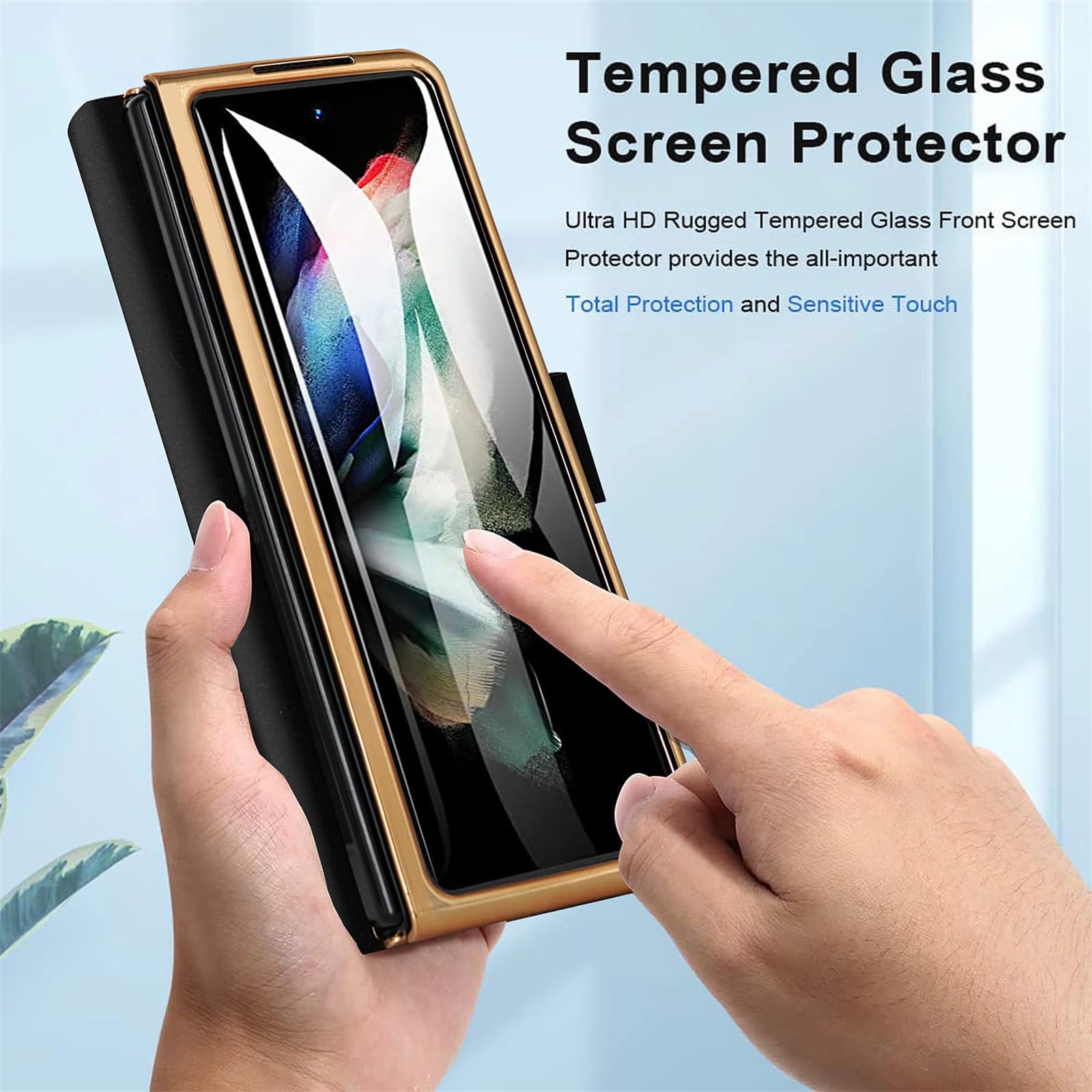 Soyeacrg Designed for Samsung Galaxy Z Fold 5 2023 Case, Premium PU Leather Luxury Electroplated Gold PC Frame Folio Flip Shockproof Case with Built-in Screen Protector & S Pen Holder,Brown