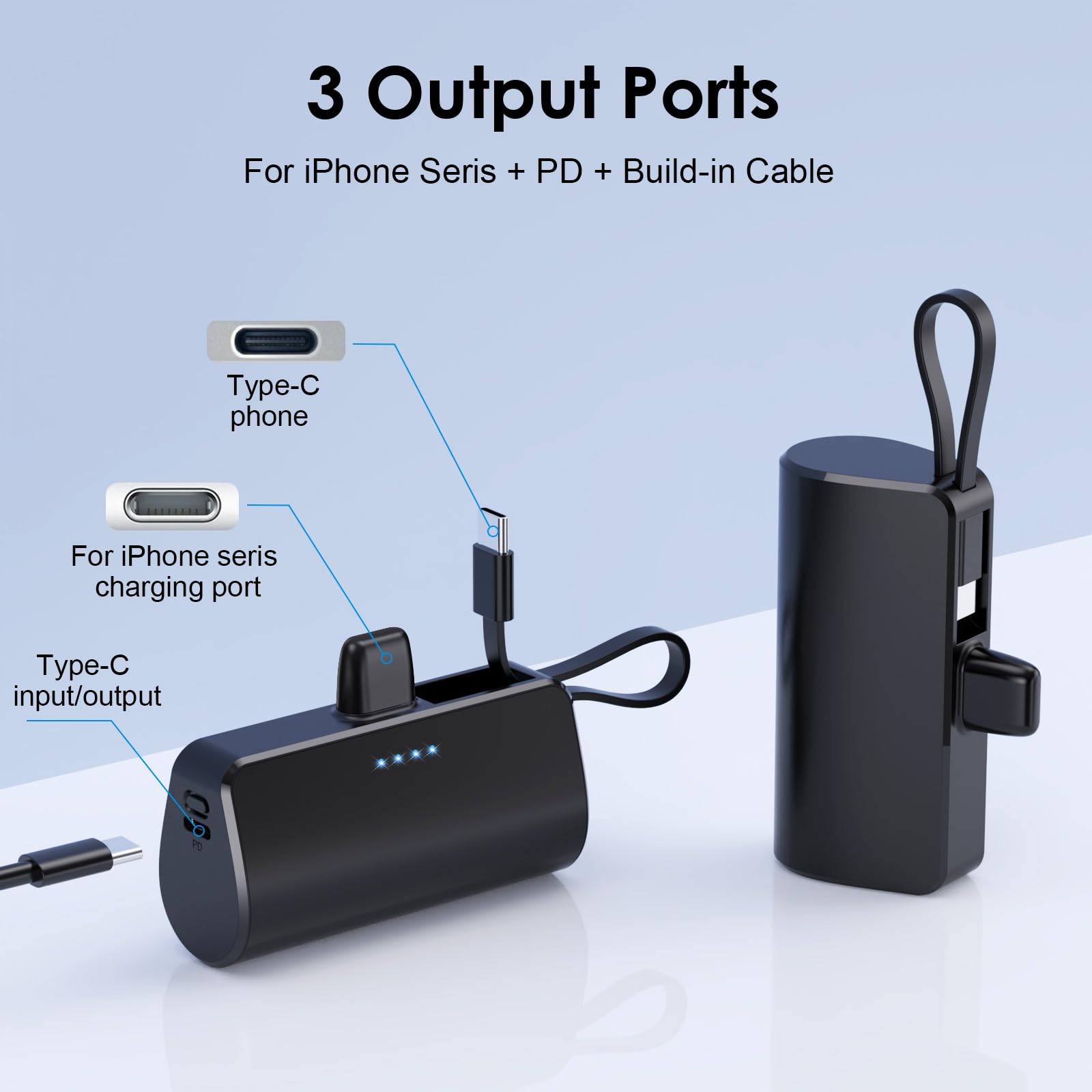 [2 Pack] Mini Portable Charger Power Bank for iPhone,[2024 Upgraded] 5200mAh PD Battery Pack Built-in USB C Cable, Backup Charger Compatible with iPhone 15/14/14 Pro Max/13/12/11/XR/8/7/6,Android etc