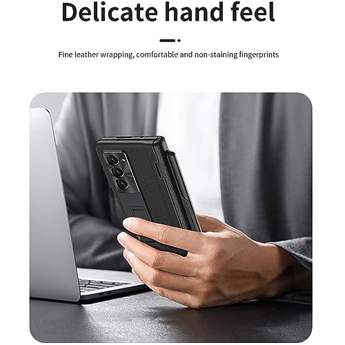 CCSmall for Samsung Galaxy Z Fold 5 5G Case with Screen Protector, S Pen Slot & Stylus Hinge Design Fine Leather Protective Phone Case with Kickstand Casefor Galaxy Z Fold5, Black