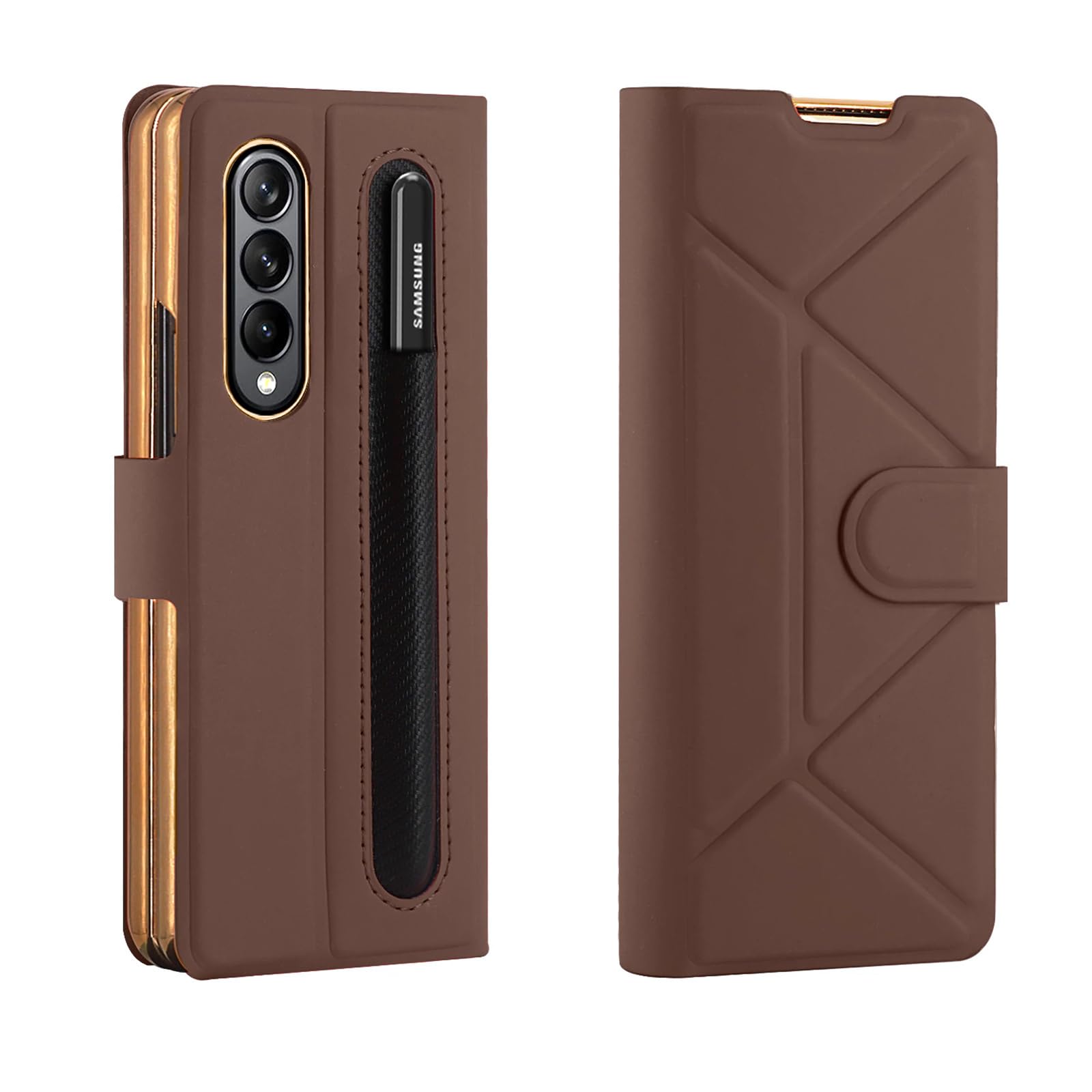 Soyeacrg Designed for Samsung Galaxy Z Fold 5 2023 Case, Premium PU Leather Luxury Electroplated Gold PC Frame Folio Flip Shockproof Case with Built-in Screen Protector & S Pen Holder,Brown