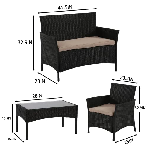 4 Pieces Patio Furniture Set Rattan Outside Furniture Wicker Sofa Garden Conversation Sets with Soft Cushion and Glass Table for Yard Pool or Backyard,Black