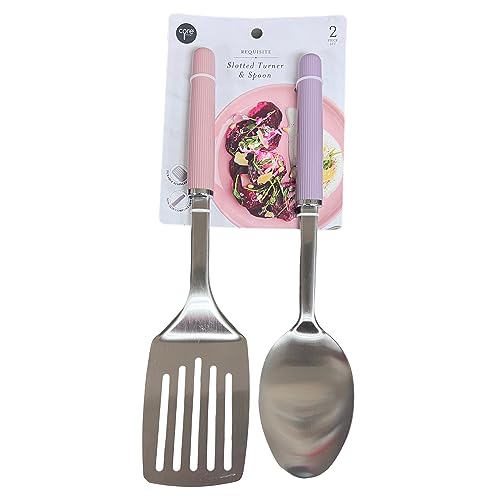 Core Kitchen Home 2 Piece Metal Slotted Turner and Pointed Spoon Utensil Set (Pink/Purple)