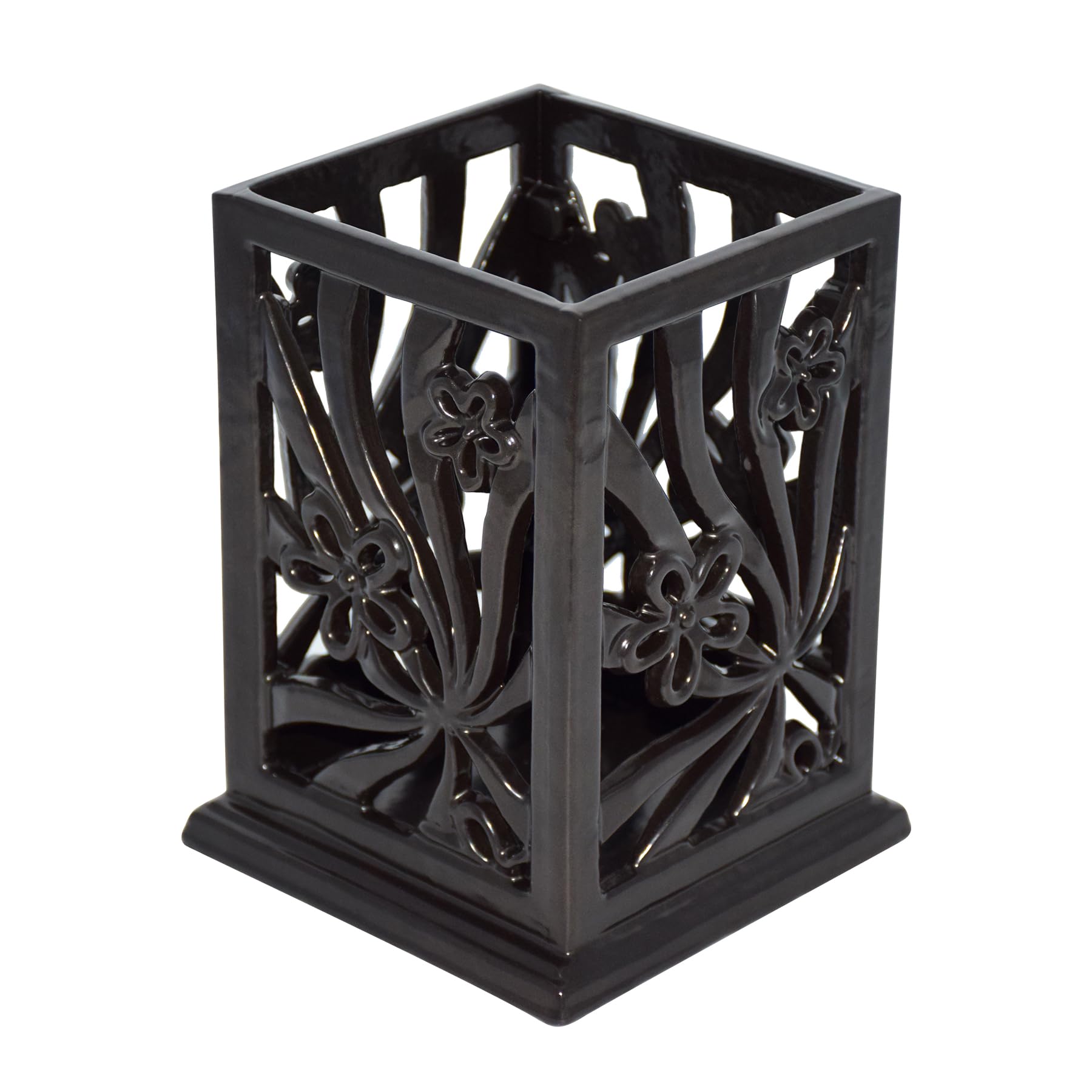 Minluful Kitchen Utensil Holder for Countertop Vintage Cast Iron Metal Utensil Storage Spatula Holder for Kitchen Counter with Hollowed-out Daffodil Pattern, Black