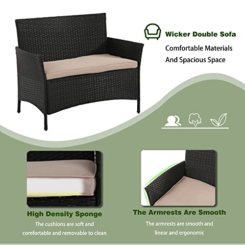 4 Pieces Patio Furniture Set Rattan Outside Furniture Wicker Sofa Garden Conversation Sets with Soft Cushion and Glass Table for Yard Pool or Backyard,Black