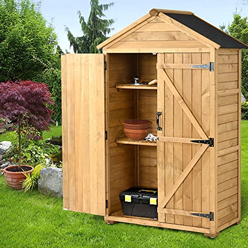 Lifeand 5.8ftx3ft Outdoor Wood Lean-to Storage Shed Tool Organizer with Waterproof Asphalt Roof, Lockable Doors, 3-Tier Shelves for Backyard, Natural