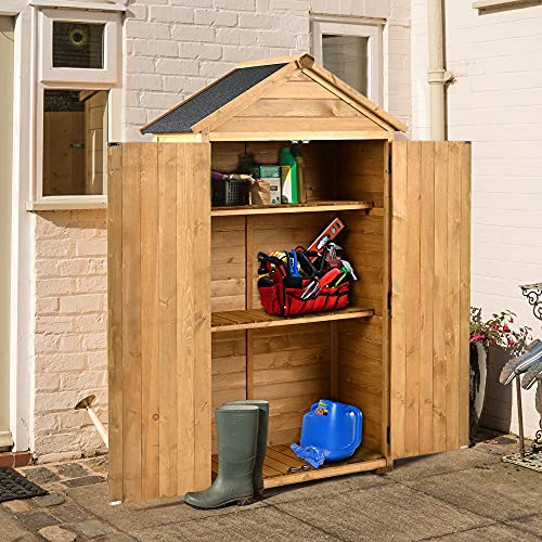 Lifeand 5.8ftx3ft Outdoor Wood Lean-to Storage Shed Tool Organizer with Waterproof Asphalt Roof, Lockable Doors, 3-Tier Shelves for Backyard, Natural