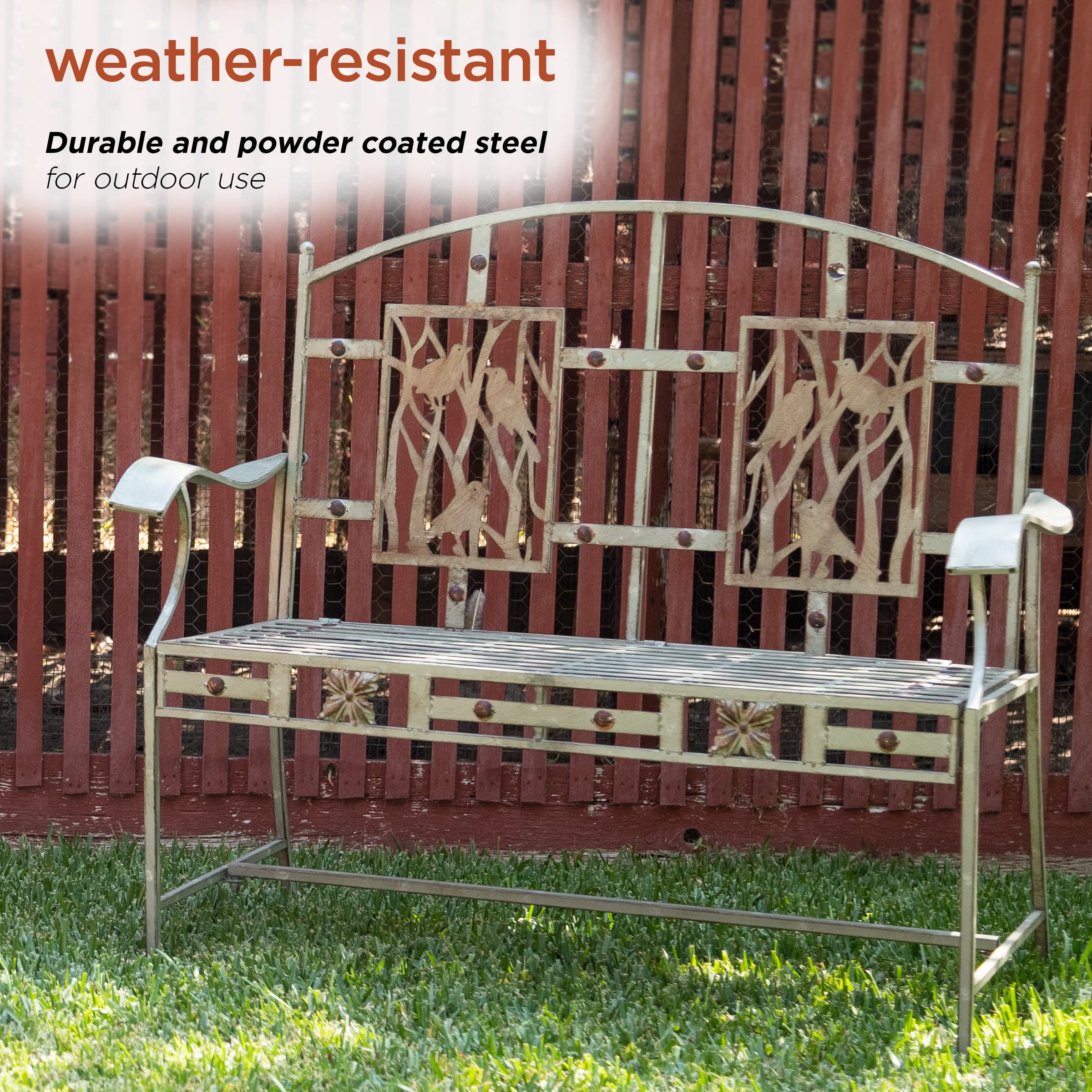 Alpine Corporation 45" x 22" Outdoor 2 Person Metal Garden Bench with Bird Design, White