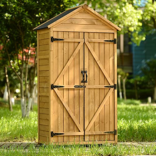 Lifeand 5.8ftx3ft Outdoor Wood Lean-to Storage Shed Tool Organizer with Waterproof Asphalt Roof, Lockable Doors, 3-Tier Shelves for Backyard, Natural
