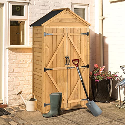 Lifeand 5.8ftx3ft Outdoor Wood Lean-to Storage Shed Tool Organizer with Waterproof Asphalt Roof, Lockable Doors, 3-Tier Shelves for Backyard, Natural