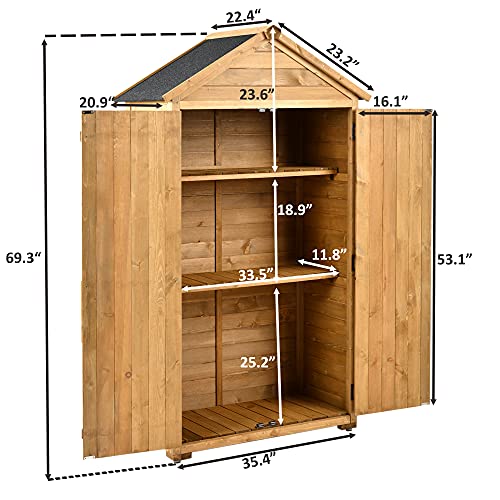Lifeand 5.8ftx3ft Outdoor Wood Lean-to Storage Shed Tool Organizer with Waterproof Asphalt Roof, Lockable Doors, 3-Tier Shelves for Backyard, Natural