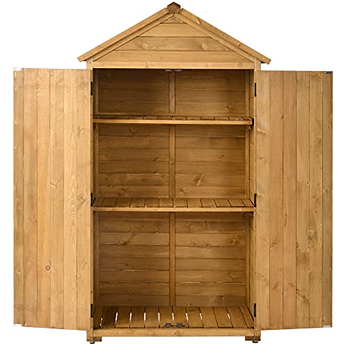 Lifeand 5.8ftx3ft Outdoor Wood Lean-to Storage Shed Tool Organizer with Waterproof Asphalt Roof, Lockable Doors, 3-Tier Shelves for Backyard, Natural